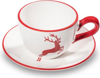 Gmundner Keramik Rubinroter Hirsch, Kaffeetasse mit Untertasse Cup, handgemacht in Österreich