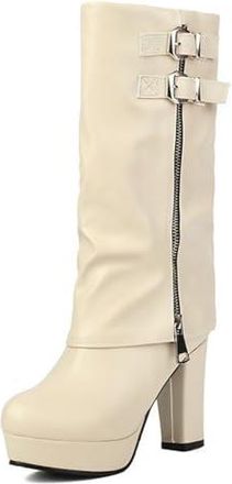 Generic Bottes mi-mollet à plateforme pliable pour femme - Confortables - Bout rond - Talon haut - Fermeture éclair, beige, 39.5 EU