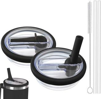 Airoldi Stanley - Lot de 2 couvercles anti-fuite - R&eacute;utilisables - Anti-fuite - Pour tasse Stanley - 1,2 l - Avec 2 pailles et 1 brosse &agrave; paille - Noir