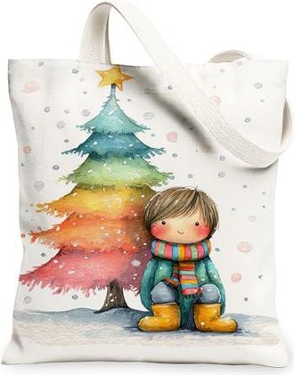 Generic Sacs fourre-tout en toile fantaisie, motif darbre color&eacute;, sacs d&eacute;picerie r&eacute;utilisables, vintage l&eacute;gers et lavables avec bandouli&egrave;re C, Blanc, 13x15 In