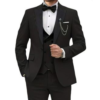 Generic Costume 3 pièces élégant en velours pour homme, coupe ajustée, revers à visière, smoking, veste de dîner, gilet et pantalon, Noir, 7XL