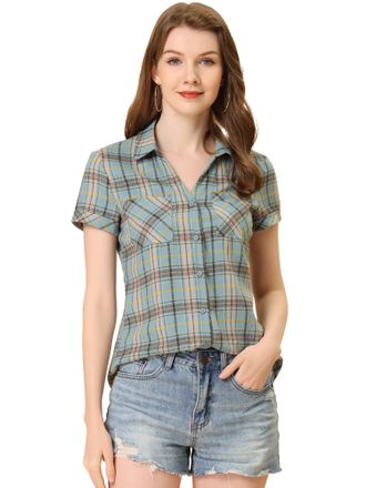Allegra K Damen Kariertes Hemd Shirt Kariert Kurzarm Classic Oberteil mit Taschen Karo Bluse Grau Blau S