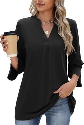 Heekpek PASUDA Chemisier Femme Chic et Élégant Manches Chemise 3/4 Longues Col V Blouse Décontracté Tunique Tops Rayures Unie Fluide Ample Hauts Casual Long S