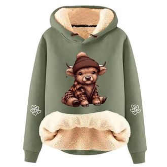 Generic Sweat &agrave; capuche doubl&eacute; en polaire imprim&eacute; vache mignon d&eacute;contract&eacute; tendance &agrave; manches longues pour un confort douillet, vert clair, M