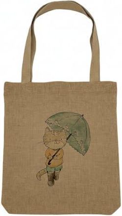 Fabulous Sac Shopping Tote Bag Aspect Lin - Chat Sous un Parapluie Aquarelle Peinture Illustration Art - Sac de Courses Toile Epaisse 360g Beige Naturel Cabas 
