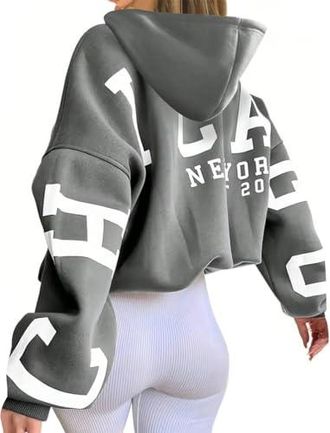 ORANDESIGNE Femme Pull Imprimé Sweatshirt Top Femmes Sweat à Capuche Manches Longues Automne Mode Chemise Fille Pullover Jumper Hoodie Sweat Tops F Gris XL