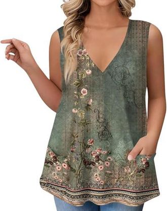 Generic Debardeur Femme Chic et &eacute;l&eacute;gant Chemisier sans Manche Imprim&eacute; D&eacute;bardeur Col V Top Ete Haut Chic et Elegant Fluide Ample Caraco Vetement Femme Ete Tee 