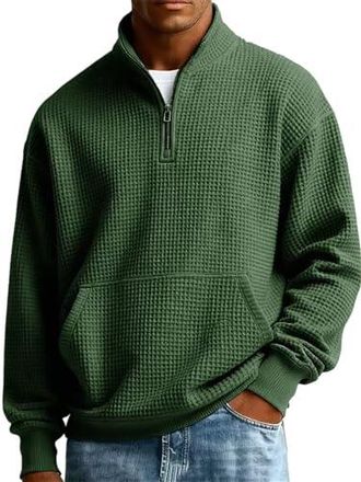 Generic Sweat-shirt gaufr&eacute; &agrave; manches longues et fermeture &eacute;clair 1/4 pour homme, col montant, v&ecirc;tement dhiver d&eacute;contract&eacute; en tricot textur&eacute;, vert fonc&eacute;, 3XL
