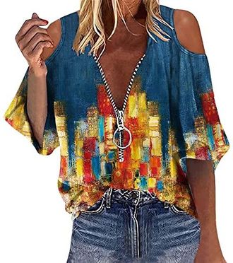 Generic Robes boh&egrave;mes pour femmes, t-shirts &agrave; motif floral, hauts d&eacute;contract&eacute;s, col boutonn&eacute;, chemisiers, t-shirt &agrave; manches longues, bleu marine, XXL