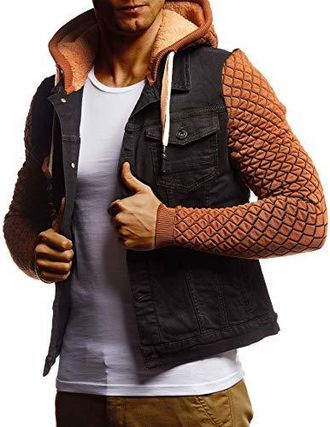 LEIF NELSON LN9630 Veste en jean pour homme - Veste de loisirs - Veste demi-saison avec capuche - Veste &agrave; capuche d&eacute;lav&eacute;e - Coupe ajust&eacute;e - Noir, Noir/camel, L