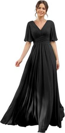 Generic Robe de demoiselle dhonneur en mousseline de soie plissée avec manches et col en V pour femme, robe de soirée formelle Chifon à volants, Hs, L