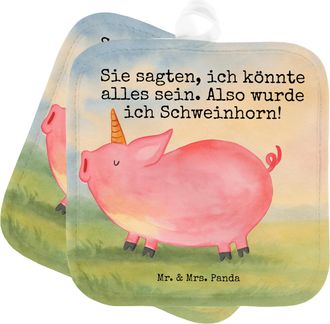 Mr. & Mrs. Panda Topflappen Einhorn Schwein Design - Geschenk, Englisch, topfhalter, Set, Spruch, Topfuntersetzer, Unicorn, Topfhandschuhe, Einh&ouml;rner, English, Topflap