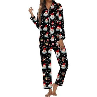 Generic Ensemble de pyjama de Noël pour femme - Joli pyjama de dessin animé - Joli Père Noël - Coupe droite - Vêtement de nuit boutonné à manches longues - Vê