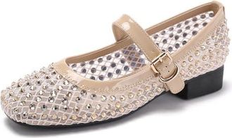 Generic Chaussures Mary Jane en maille respirante et décorée de strass pour femme - Bout carré - Légères et décontractées, abricot, 37.5 EU