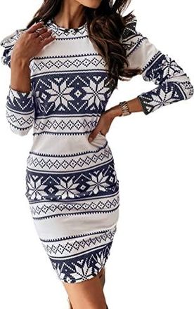 ORANDESIGNE Robe Femme Motif de Noël Imprimé Mini Robe à Manches Longues Col Rond Elégan Casual Tunique Pullover Longue J Blanc M