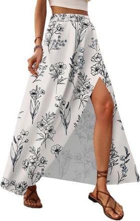 Zeagoo Longue Jupes Femme &Eacute;t&eacute; D&eacute;contract&eacute;e Taille Elastique Boho Maxi Jupe Flowy Fleuri Imprim&eacute;e Jupes Fendue Taille Haute Chiffon Jupe Fleurs Blanc XXL