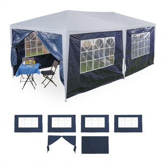 Relaxdays Seitenteile f&uuml;r Pavillon, 6er Set, 2x3m, wasserdicht, Fenster & T&uuml;r, PE, Seitenw&auml;nde mit Klettverschluss, blau