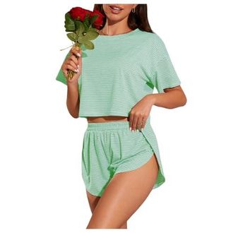 Generic Ensemble de pyjama dété 2 pièces pour femme, vêtements de nuit à manches courtes, ensemble court, Vert, XXL
