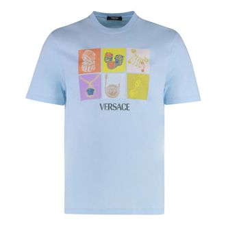 Versace Multicolor Print Baumwoll Crew-Neck T-Shirt - - Tops - Herren - Blau - L
