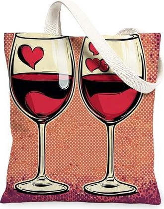 Generic Sac fourre-tout en toile de vin rouge pour la Saint-Valentin, 33 x 38 cm, vintage, r&eacute;tro, amour romantique, r&eacute;utilisable, motif d&eacute;picerie, sac d&eacute;picer
