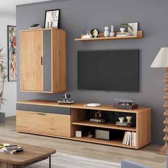 Generic TV Schrank Holz schwarz 140 cm mit 2 T&uuml;ren und Stauraum, lowboard stehend im 3-teiligen Set mit Wandschrank und Wandregal, als fernsehtisch f&uuml;r kleine