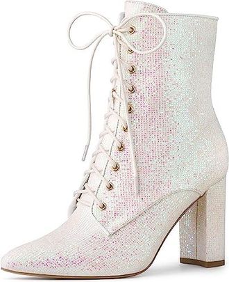 Allegra K Femmes Bottines Talons Blocs Bout Pointu Scintillant Blanche 37.5