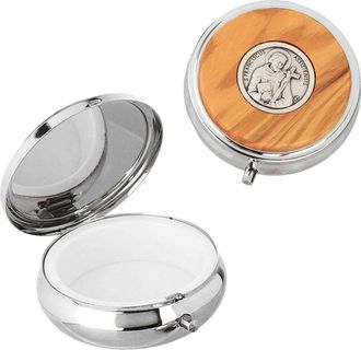 NKlaus Hostiendose mit Hl. Franziskus Motiv- Rosenkranz Metalletui 6cm klein aus echtem Olivenholz & Edelstahl, ideal f&uuml;r Reise & Aufbewahrung