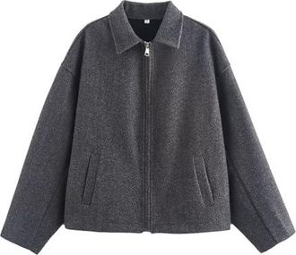 Generic Veste courte en laine pour femme, manteau dhiver chaud en polaire avec fermeture éclair, trench ouvert sur le devant avec poches, Gris foncé, M