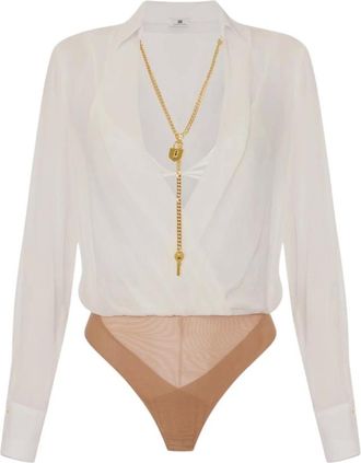 Elisabetta Franchi Body en georgette avec cha&icirc;ne et fermoir cadenas en satin - Femme - Tops - Blanc - Taille: 42 FR