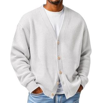 Generic Cardigan pour homme en tricot gaufr&eacute; textur&eacute; &agrave; manches longues, col en V, ouvert sur le devant, l&eacute;ger et d&eacute;contract&eacute;, blanc, XXL