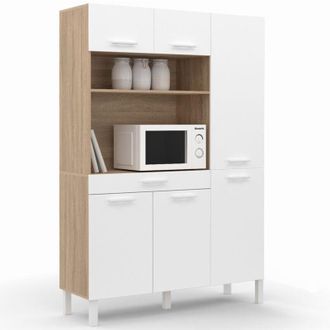 IDMarket Buffet de cuisine avec colonne de rangement 120 cm cina 6 portes + tiroir fa&ccedil;on h&ecirc;tre et blanc