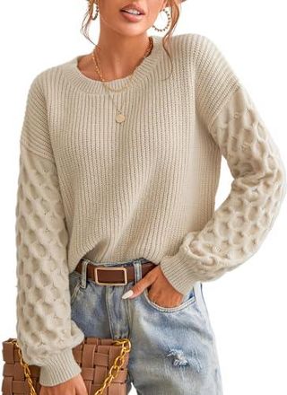 Cupshe Pull en tricot torsadé à manches longues et col rond pour femme, beige, Taille L