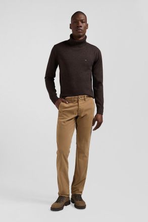 Eden Park Pantalon Chino Marron En Gabardine De Coton Stretch Coupe Regular