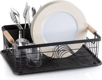 KELA Geschirrabtropfgestell RICA, Metall Abtropfgitter f&uuml;r 9 Teller, 3 Gl&auml;ser, 2 Besteckhalter aus Kunststoff, schwarz