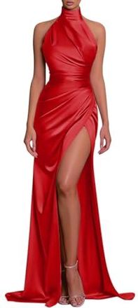 Minetom Robe Longue en Satin Femme &Eacute;l&eacute;gante Col Licou sans Manches Cocktail C&eacute;r&eacute;monie Mariage Soir&eacute;e Maxi Dress A Rouge M