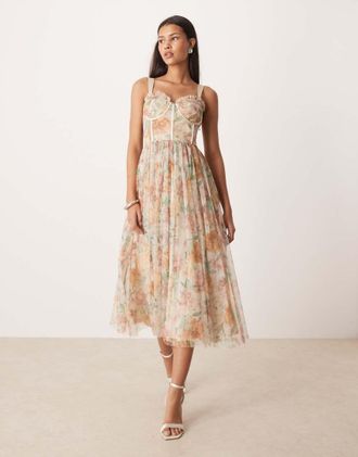 Lace & Beads Robe corset mi-longue en tulle &agrave; fleurs - Marron doux-Brown