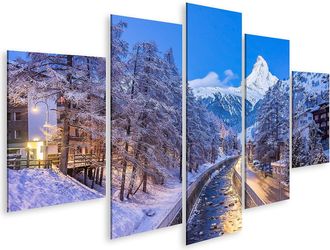 Islandburner Leinwandbild Winterliche Alpenlandschaft mit schneebedecktem Fluss und Berggipfel - Leinwand 170x80cm - 5 Teile