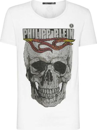 Philipp Plein Flame T-Shirt mit Totenkopf-Kristalldruck - - Tops - Herren - Wei&szlig; - 2XL