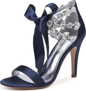 Generic Femmes Mari&eacute;e Aiguille Talon Heel Ouvert Bout Lani&egrave;res Hauts Sandales Mariage Dress Chaussures Dress F&ecirc;te 10.5 CM,Dark Blue,38 EU