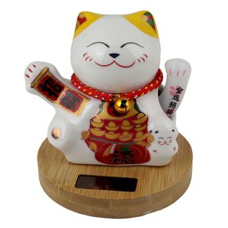 Freak Scene Glückskatze Keramik 10cm weiß Bambussockel Solar Maneki-Neko Winkekatze Lucky cat Modell 05