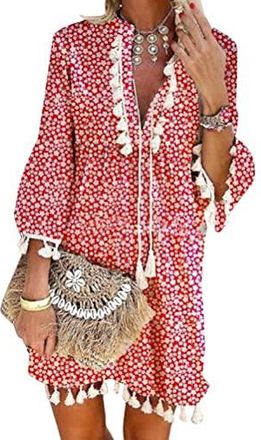 TOMWELL Robe Été Femme de Plage Rétro Robes Col V Lâche Manches Longues Boho A-Line Gland Mini Robe Floral Imprimer Robe De Cocktail M Rouge 3XL