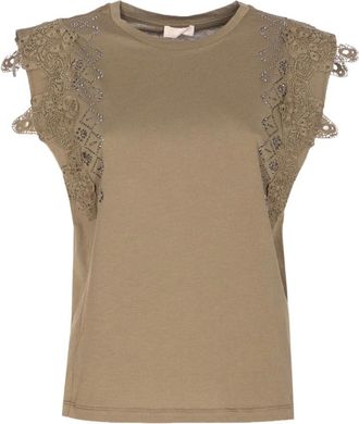 Liu Jo Femme, Tops, Vert, Taille: 40 FR T-shirt avec d&eacute;tails en macram&eacute;