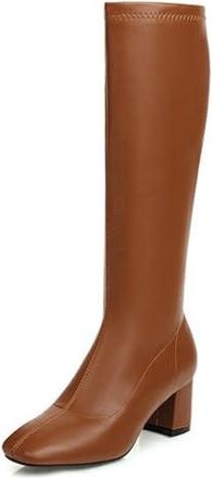 Generic Marron,35 EU,Bottes Hautes en Cuir PU pour Femmes, Bout carré, Talons Bas épais, Fermeture éclair latérale, Bottes déquitation Longues, Chaussures déc