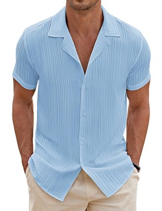 Coofandy Hemd Herren Kurzarm Sommer Hawaiihemd Kuban Kragen Freizeithemd Gestreift Struktur Strandhemd Guayabera Shirt Clear Blau M