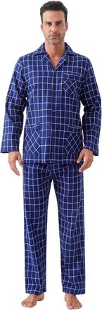 Global Herren Schlafanz&uuml;ge Flanell Herren Pyjama Set Baumwolle Langarm-Pullover Oberteil und elastische Unterteile mit Kordelzug Weich Bequem Blau XXL