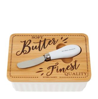Riviera Maison Butter Dish - Buttertopf mit Buttermesser - Porzellan/Mangoholz - Weiss/Braun - (BxH) 11 x 6cm