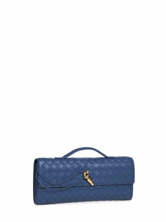 Bottega Veneta Womens Top Handle Clutch Andiamo Blue Lambskin Handbags Hand Bags