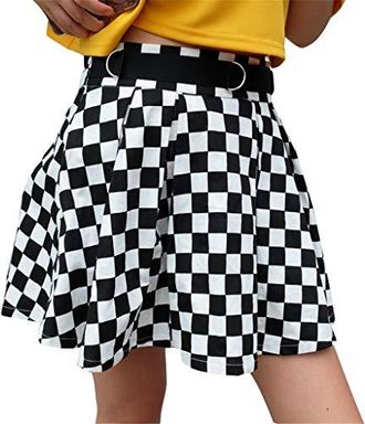 ORANDESIGNE Jupe Imprimée à Carreaux Noir Blanc Jupe Courte Trapèze Slim Jupe Plissée Mini Skirt Punk Girl F Blanc L