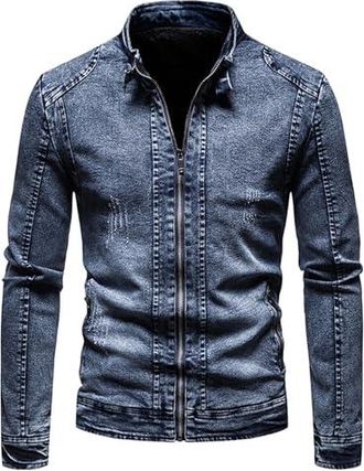Generic Veste en jean classique pour homme, coupe slim, col montant, fermeture &eacute;clair, style vintage, grande taille, d&eacute;contract&eacute;e, l&eacute;g&egrave;re, id&eacute;ale pour la moto