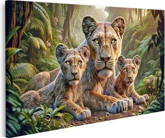 Islandburner Bild auf Leinwand Löwenfamilie im Dschungel Porträt mit zwei jungen Löwen im Vordergrund Bilder Wandbilder Poster